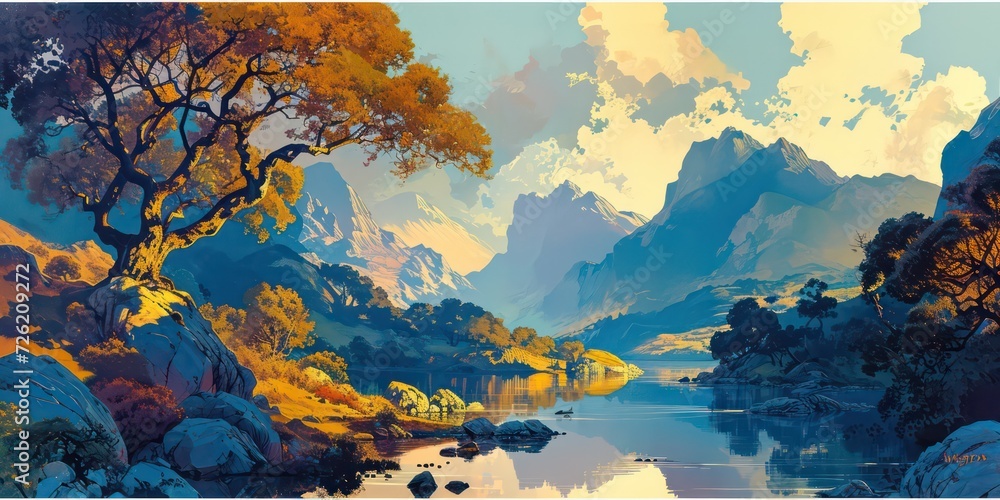 Print depicts a Nordic scene awash in a palette of serene whites, deep ...