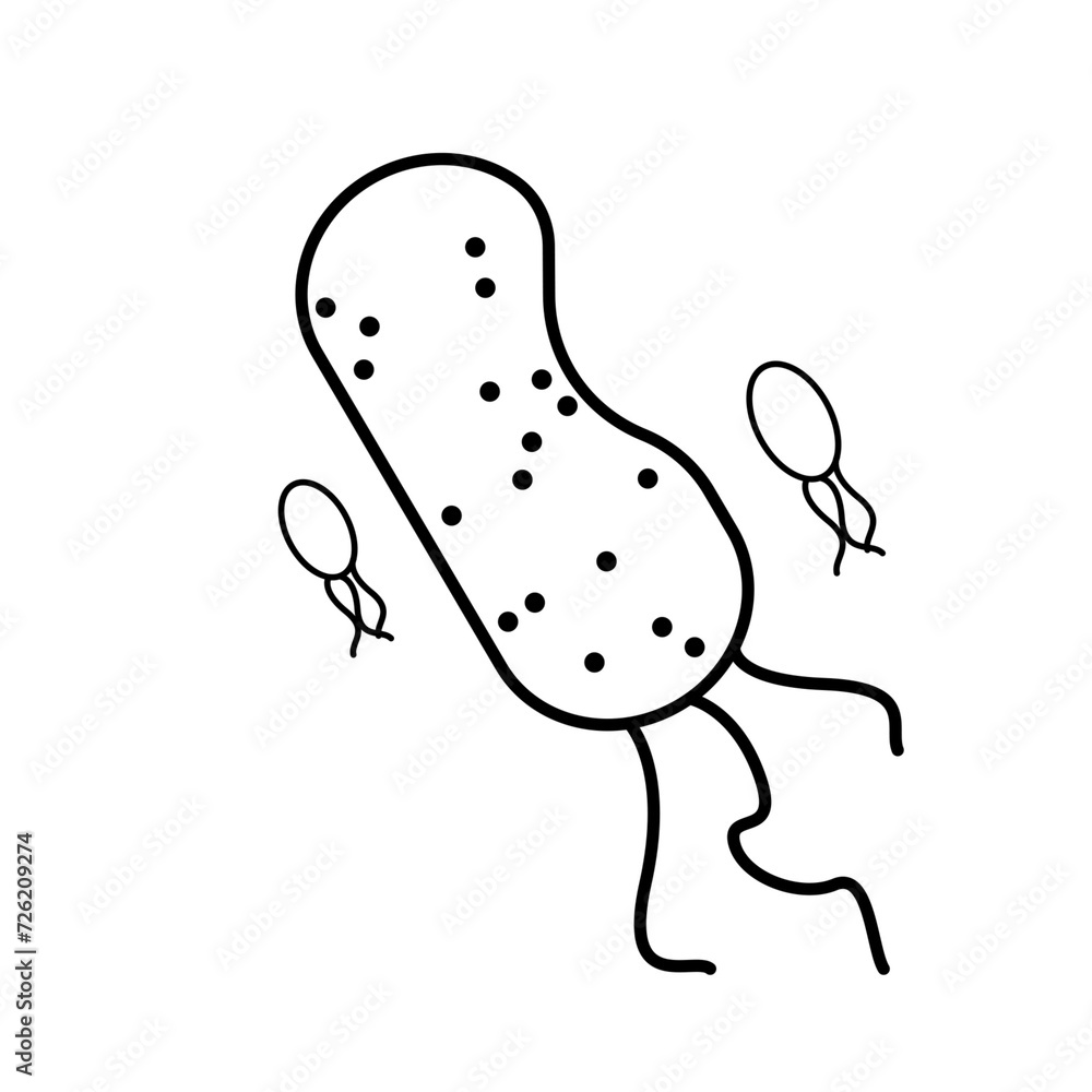Simple line drawing of a bacterium with flagella and smaller virus-like ...