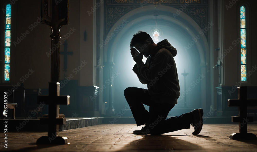 silhouette of man and bare feet on knees in church praying to god jesus ...