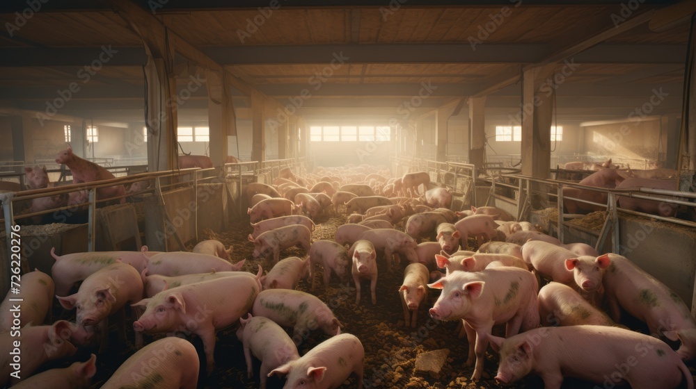 A lot of pigs and piglets are eating, standing and lying in a pig farm ...