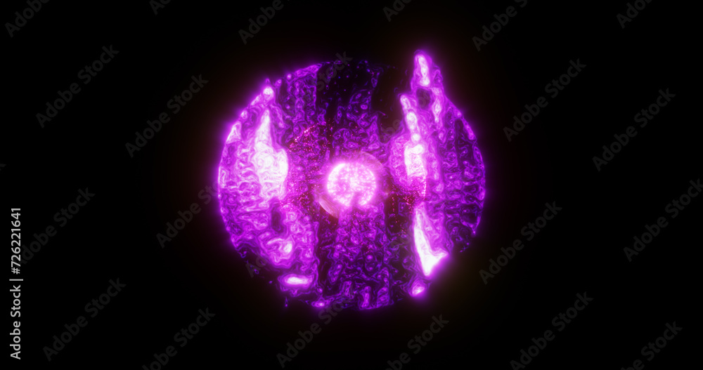 Abstract purple energy glowing digital sphere atom made of iridescent ...