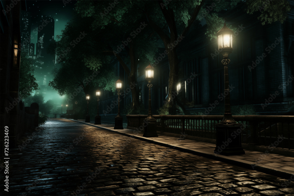 Explore a gothic revival night scene with a brick stone walkway ...