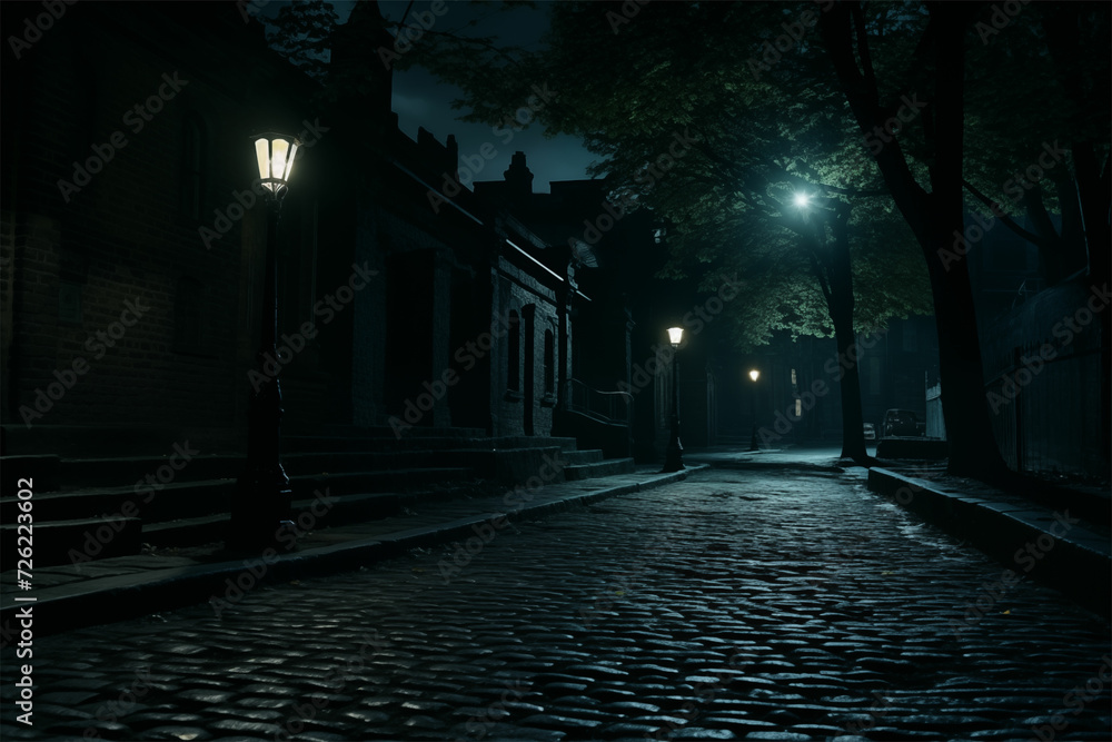 Explore a gothic revival night scene with a brick stone walkway ...