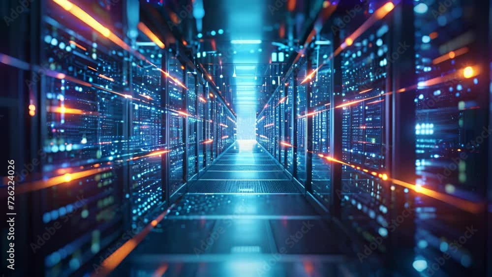 A 3D hologram of a data center rotates and zooms to display important ...