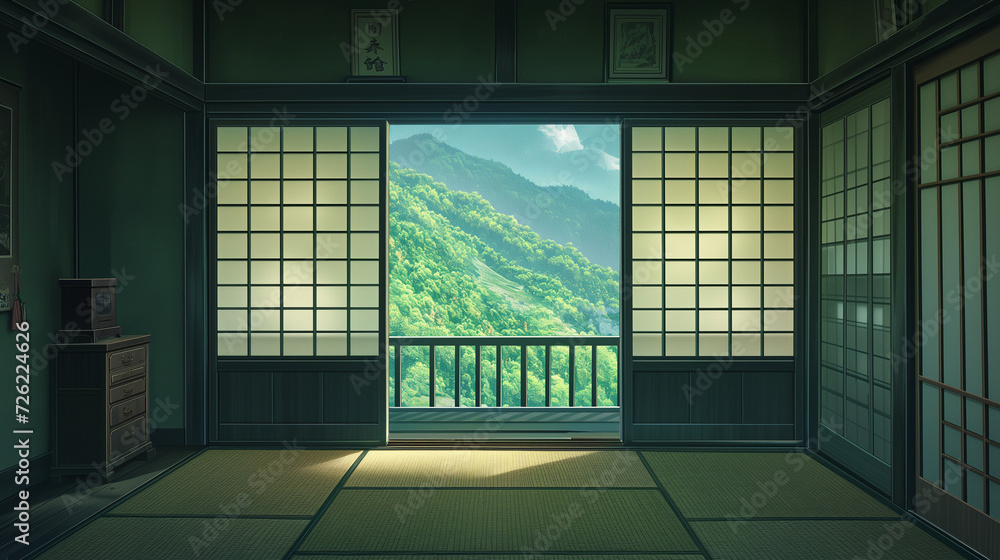 Anime-Styled Background: Traditional Japanese Room with Sliding Doors ...