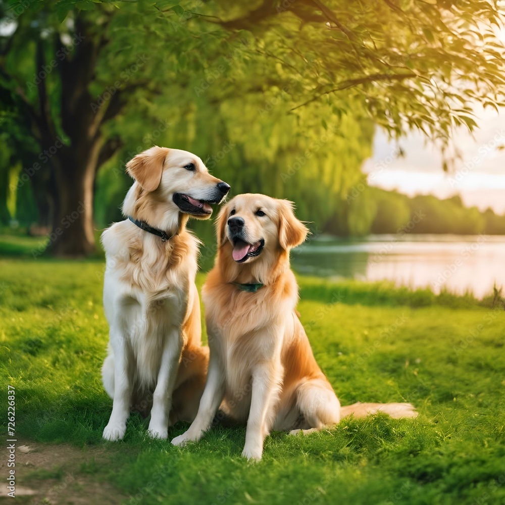 two dogs sitting on grass with trees in the background and water Stock ...