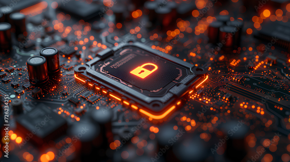 A secure padlock symbol glowing on a microchip within a circuit board ...