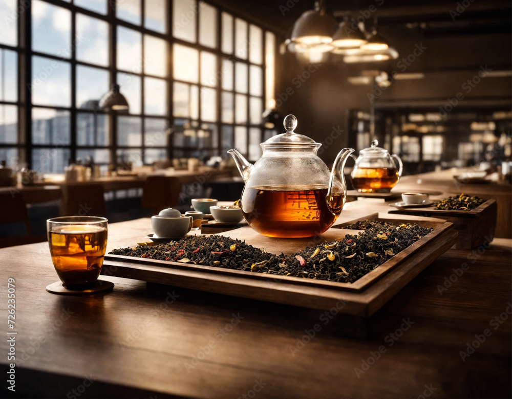Tea factory. Set of variety ceylon teas on wooden table in meeting room ...