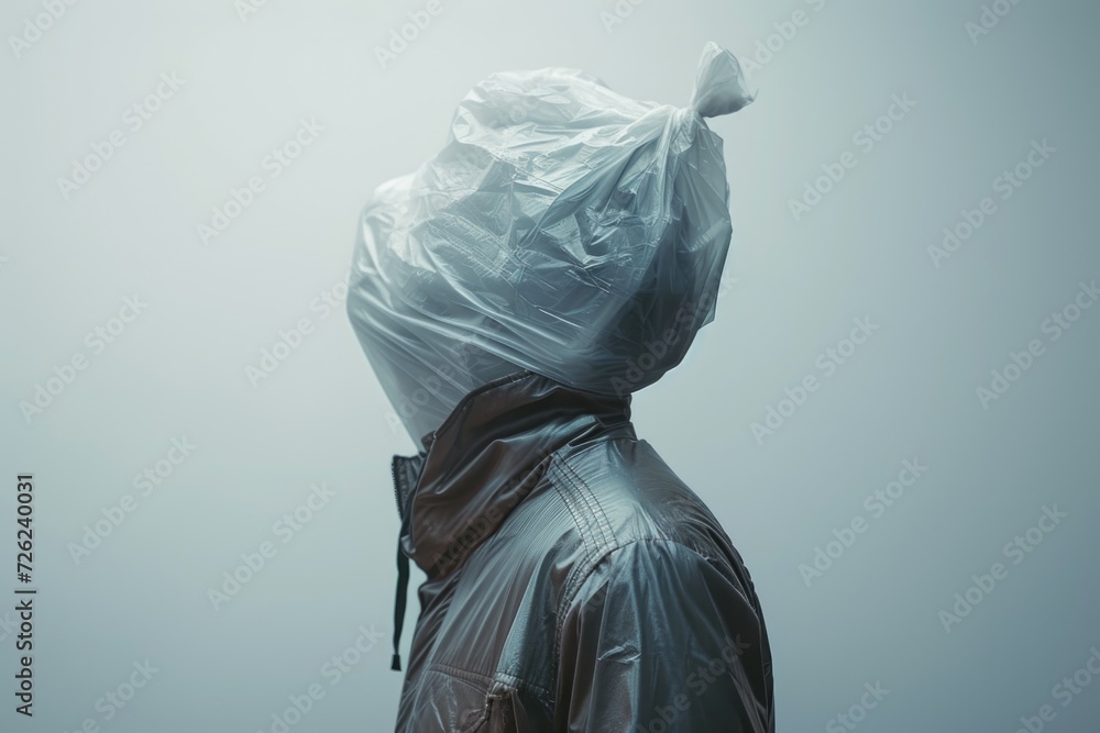 Man with plastic bag head highlights plastic pollution urging action ...