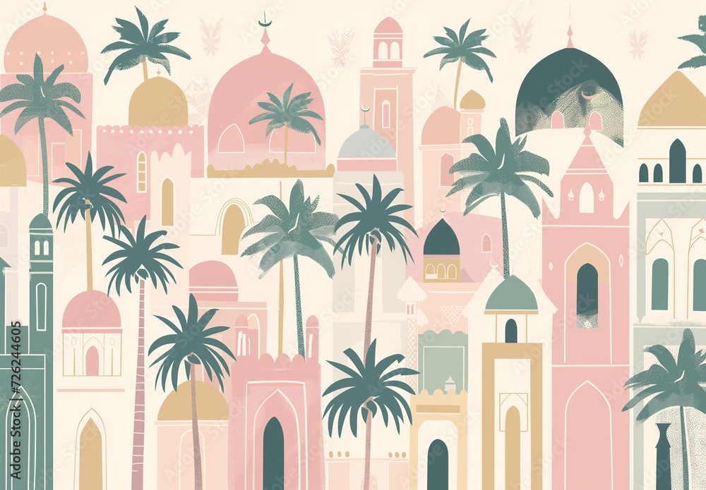 illustration of islamic pattern with trees and mosque, minimalist ...