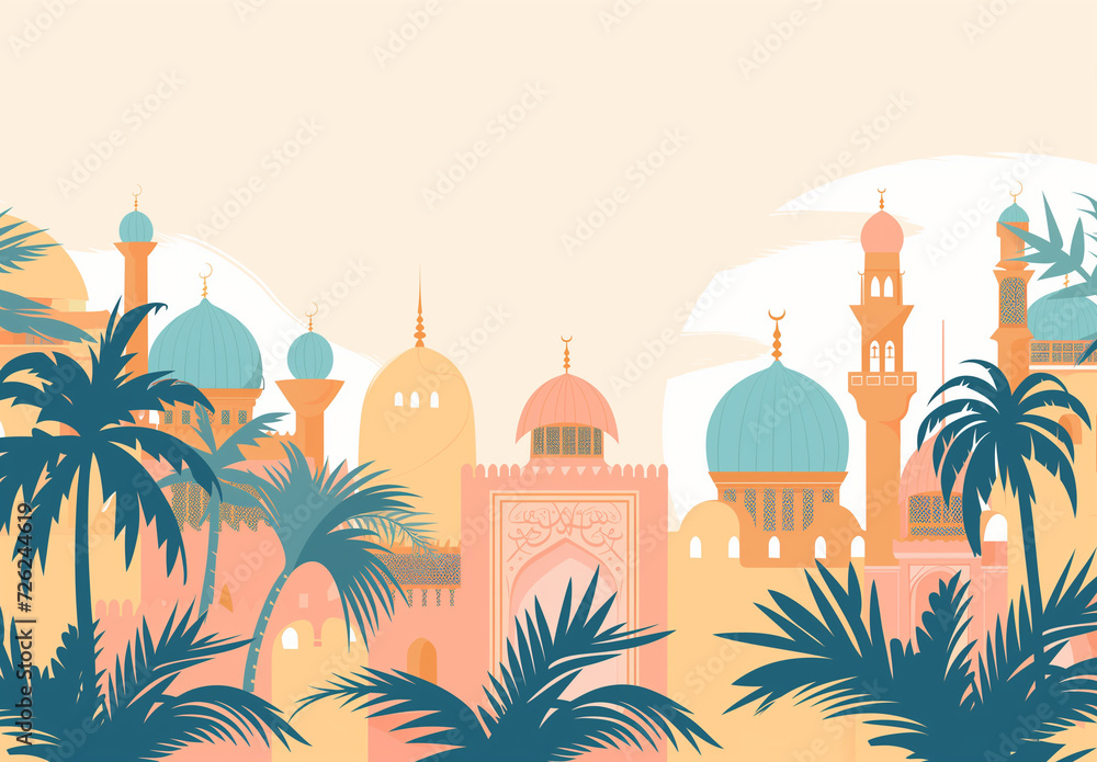 illustration of islamic pattern with trees and mosque, minimalist ...