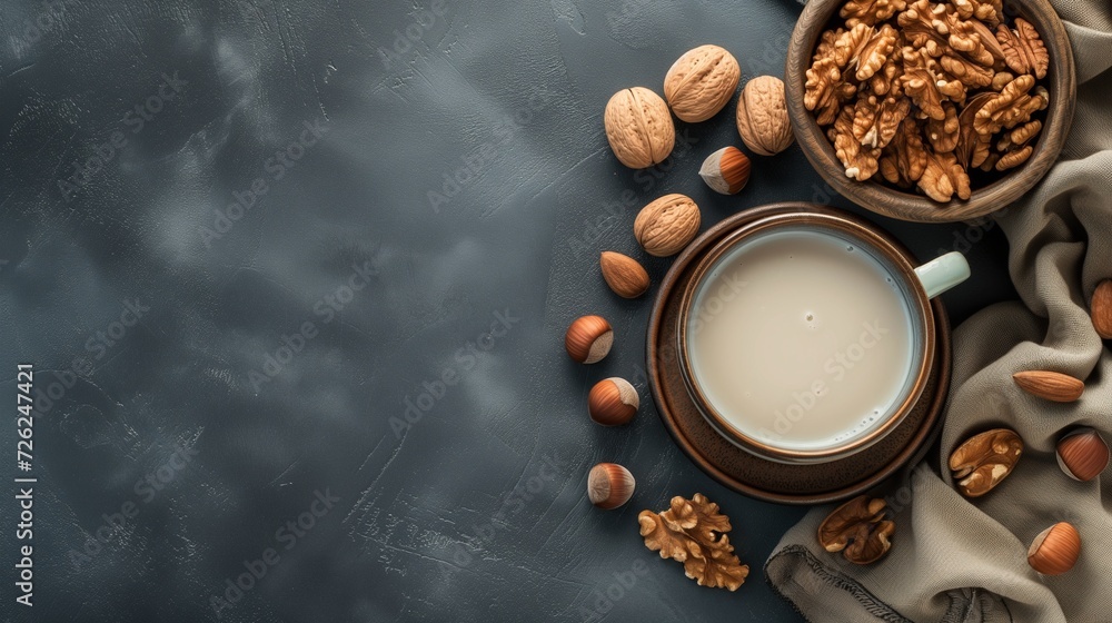 Banner with nut milk in a mug and nuts on a dark background. Top view ...