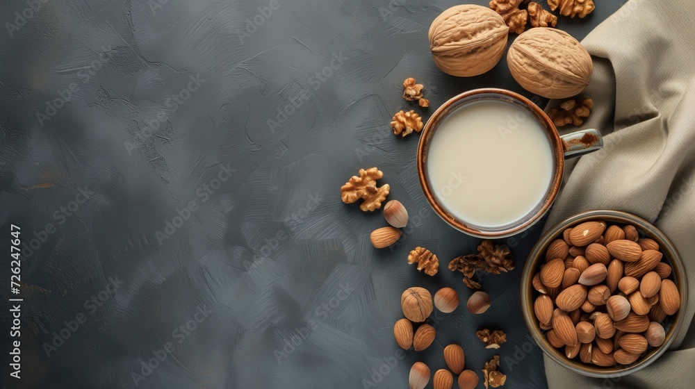 Banner with nut milk in a mug and nuts on a dark background. Top view ...