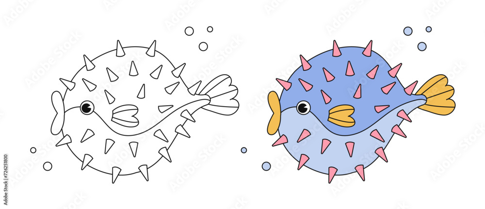 Cute puffer fish cartoon coloring page illustration vector. For kids ...