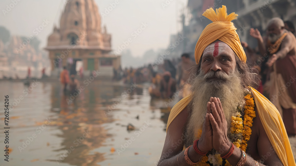 Indian Sadhu in Saffron Turban with Folded Hands at Ram Mandir, Ayodhya ...