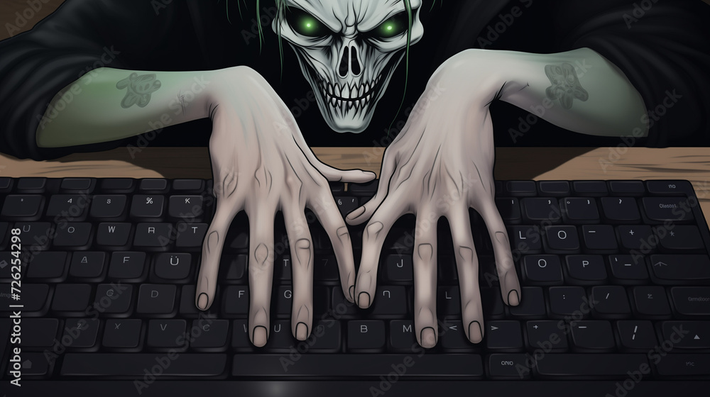 The hacker's hands fly across the keyboard water color, cartoon, hand ...
