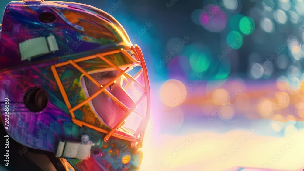 A side view of the goalie, their bright colored helmet shining under ...