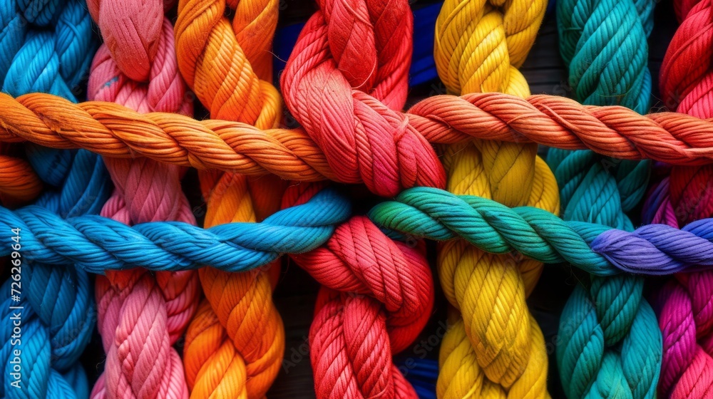 The image created is a vivid portrayal of a colorful rope and yarn ...