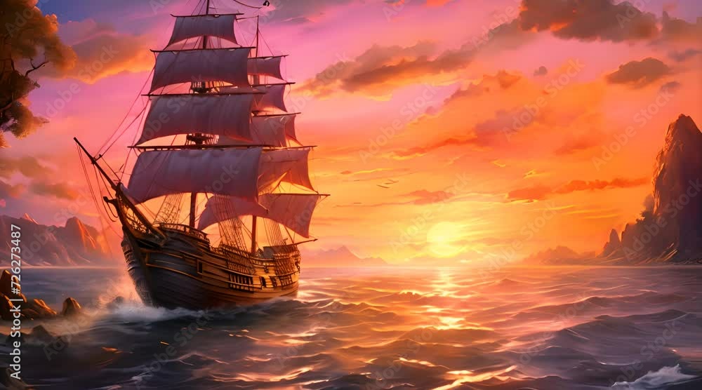 Abstract animation of a pirate ship . Dynamic, nautical, animated waves ...