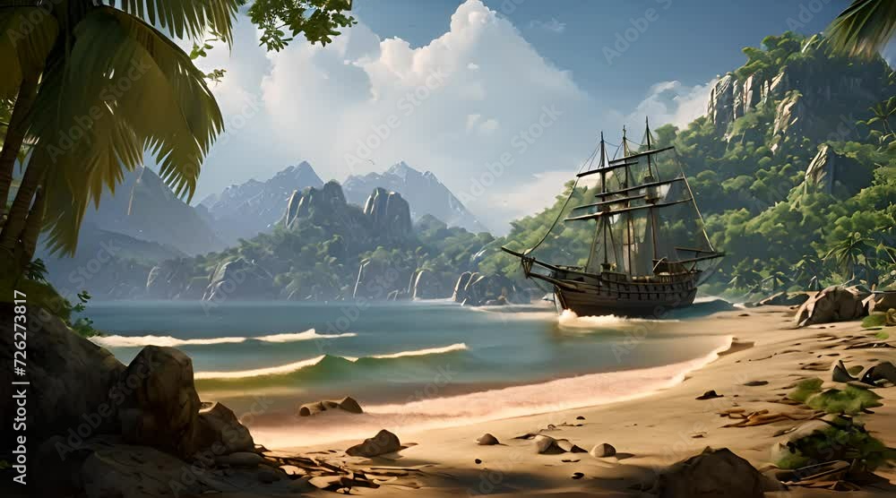 Abstract animation swashbuckling pirate ship sailing the seas. Dynamic ...