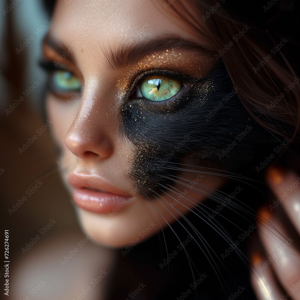 Cat woman. Beautiful model presenting body painting idea for Halloween ...