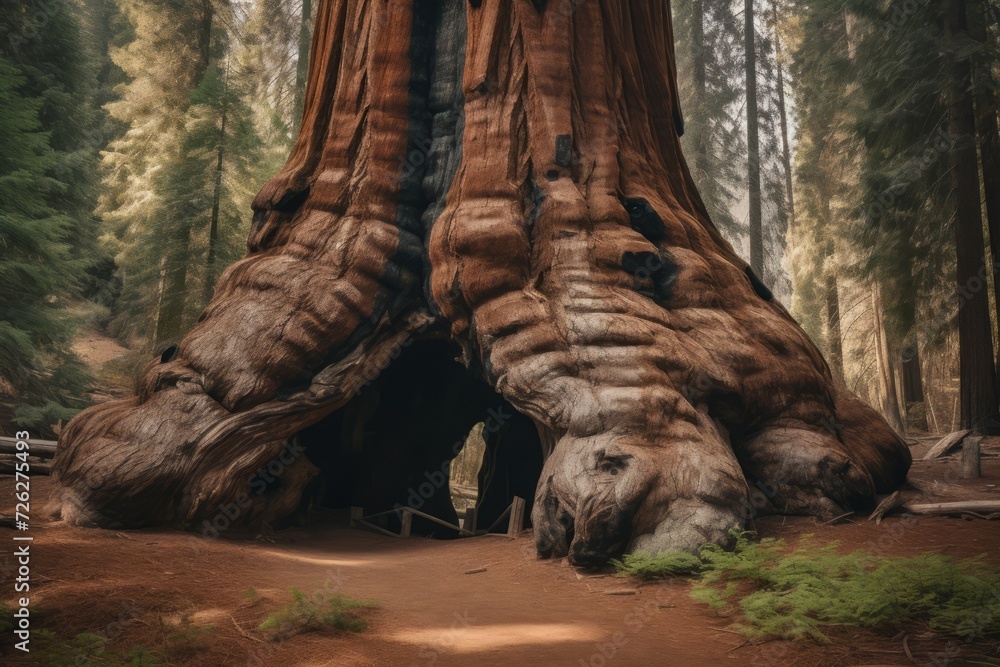 Old giant sequoia trunk. Majestic national arboreal park with tall ...