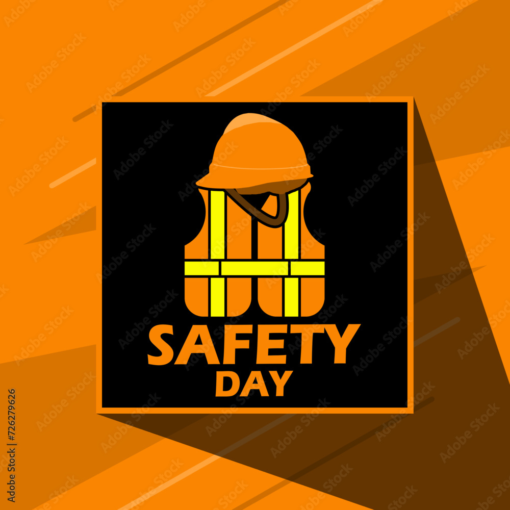 National Safety Day event banner. A building helmet and safety vest ...