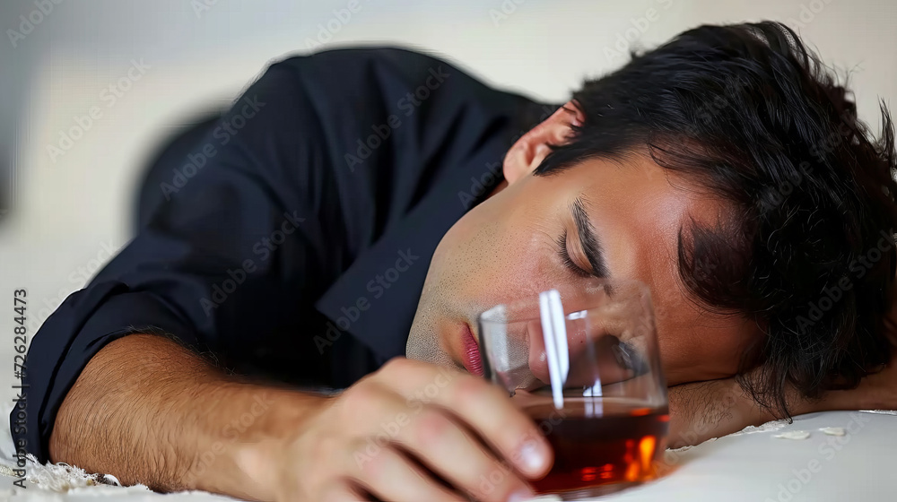 Struggles of alcohol abuse, featuring a man passed out with a drink in ...