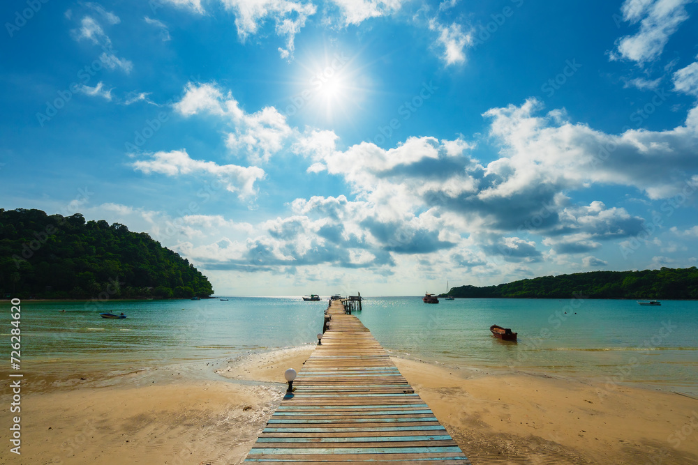 The wooden bridge in the sea at Koh Kood is a tropical island with ...