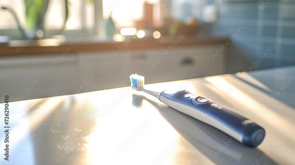 A solitary toothbrush sits atop a clean counter, its blue bristles a ...
