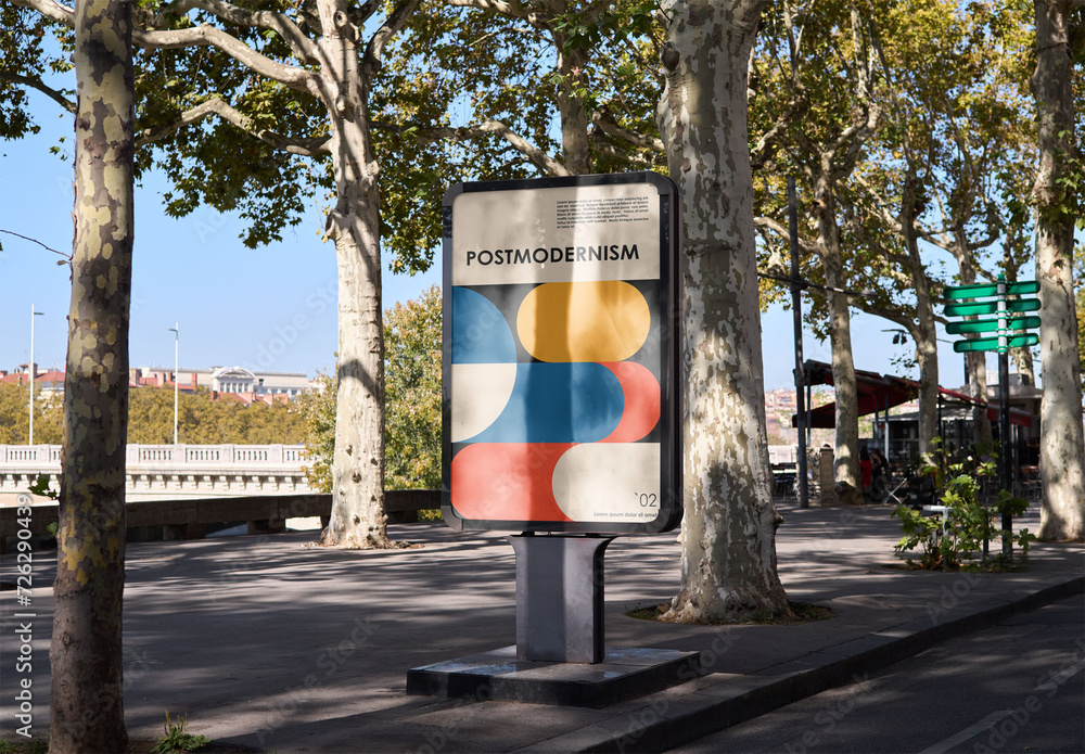 Mockup of customizable vertical sign by trees Stock Template | Adobe Stock
