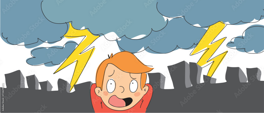 Child fears vector. Scared little boy afraid of lightning and ... Child fears vector. Scared little boy afraid of lightning and ...