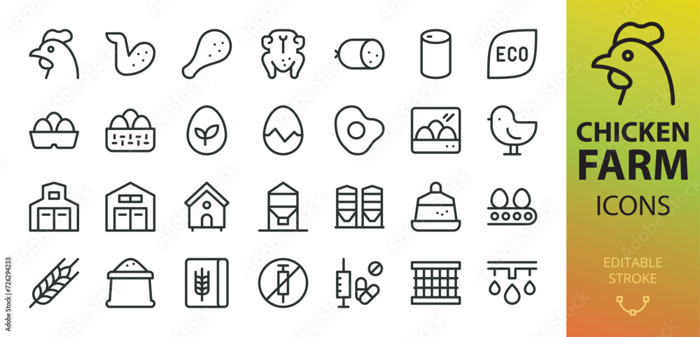 Poultry farm isolated icons set. Set of chicken coop, eggs, feed bin ...