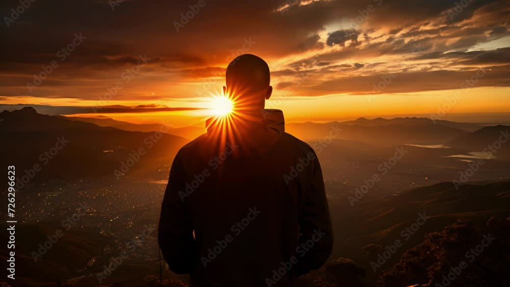 A Black African man stands atop a craggy peak the rising sun slowly ...