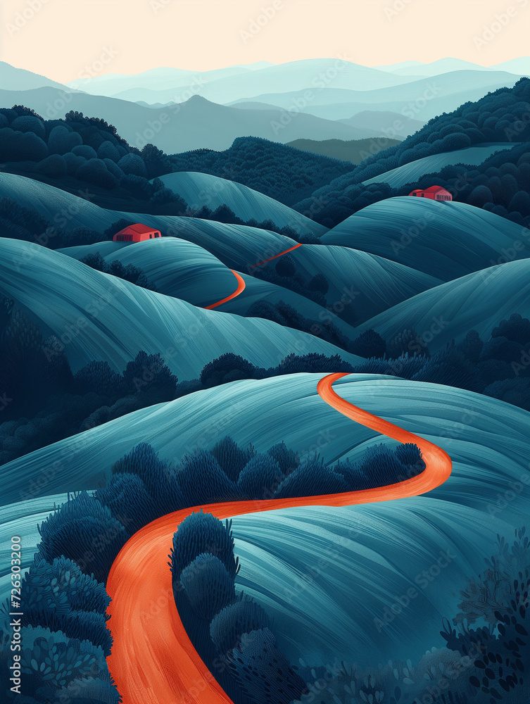 Design a stylized digital illustration of a countryside vista with ...