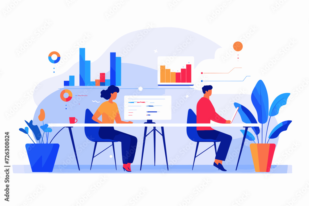 The vector illustration depicts people working in an office, seated ...