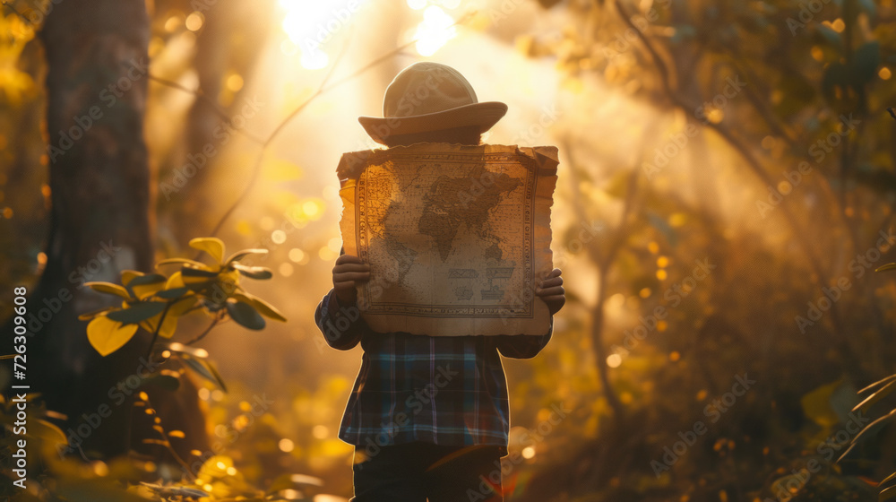 Young boy kid participating to a treasure hunt holding the treasure map ...