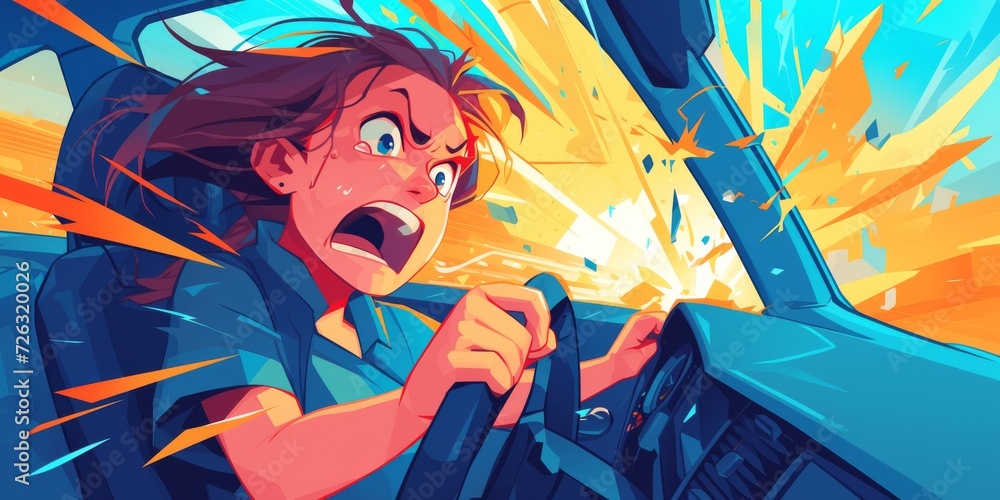 Panicked Woman Loses Control Of Vehicle In A Collision In Comicstyle ...