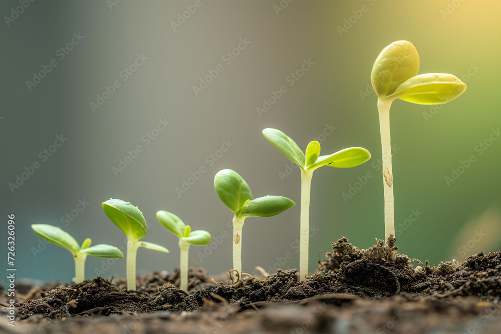 Foto de A series of young seedlings in soil showcase the early stages of plant growth ...