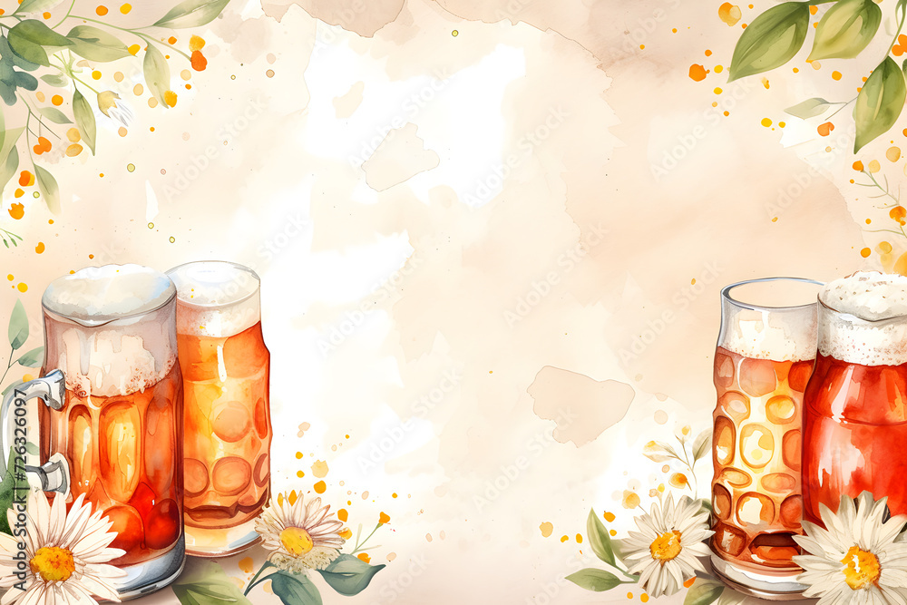Cute cartoon glass of beers frame border on background in watercolor ...