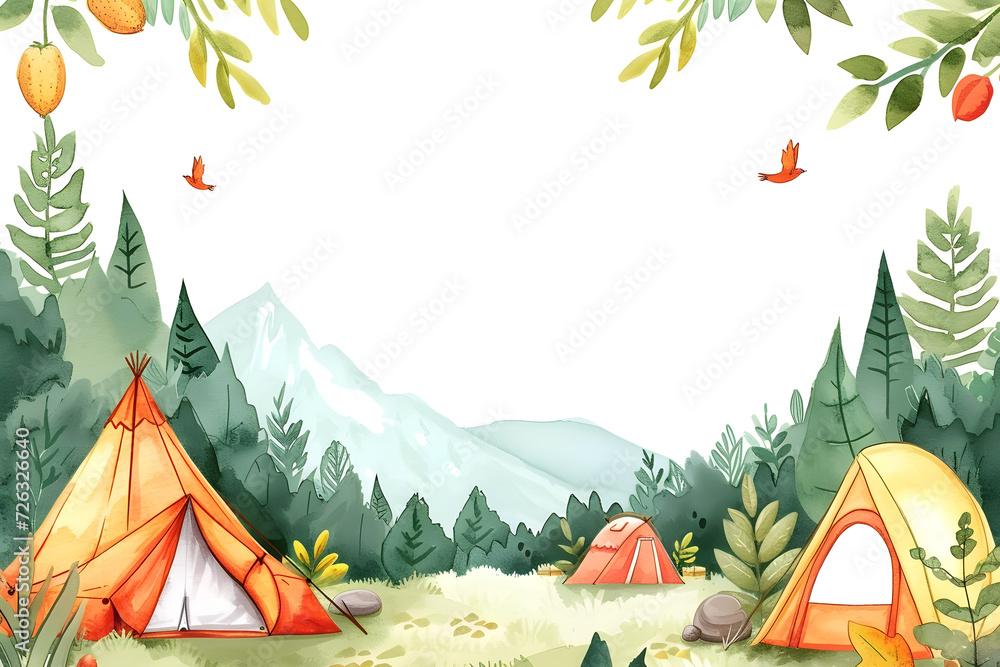 Cute cartoon camping frame border on background in watercolor style ...