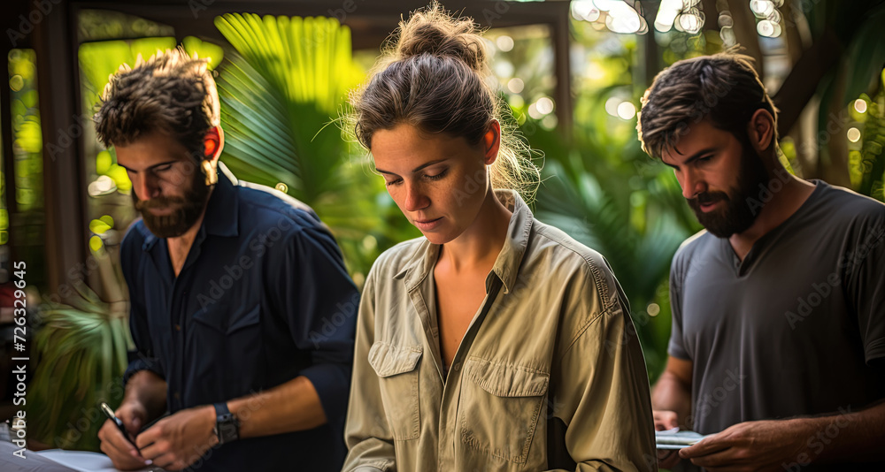 Men and woman stand side by side, engrossed in a shared moment of ...