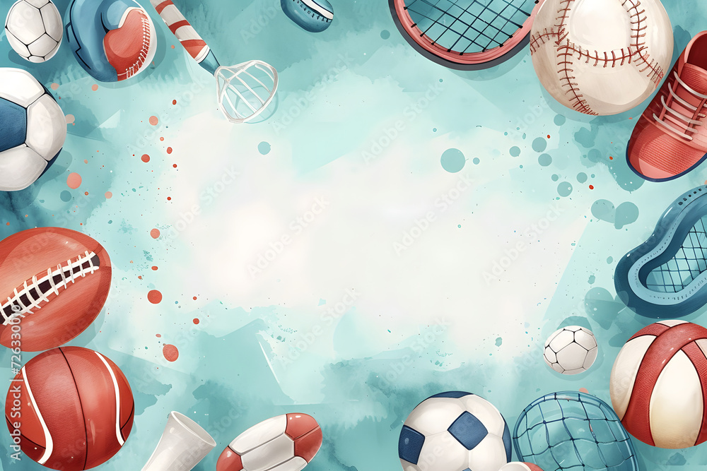 Cute cartoon sports equipment frame border on background in watercolor ...