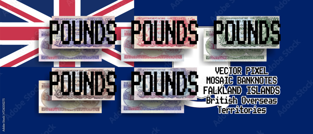 Vector set of pixel mosaic banknotes of Falkland Islands. Collection of ...