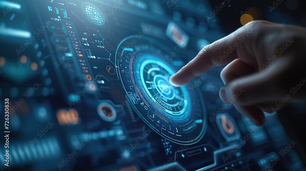 A user interacts with a sophisticated holographic display, featuring ...