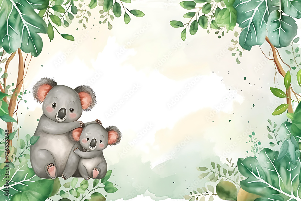 Cute cartoon koala bear frame border on background in watercolor style ...