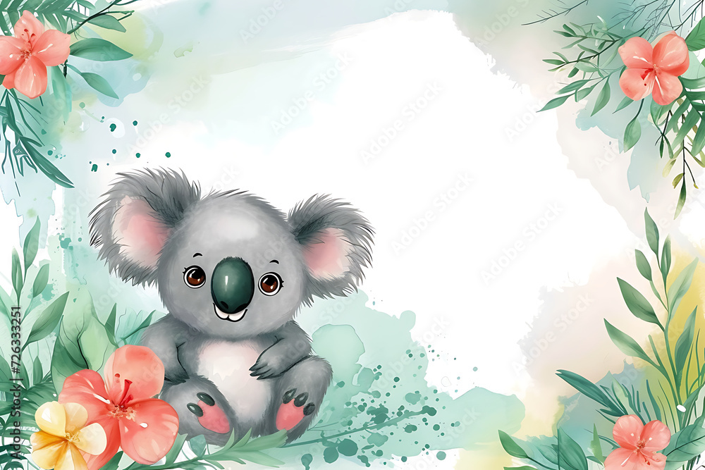 Cute cartoon koala bear frame border on background in watercolor style ...