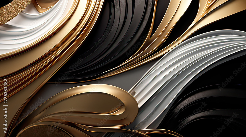 Abstract glamourous background, fluid shapes, metallic accents, and ...