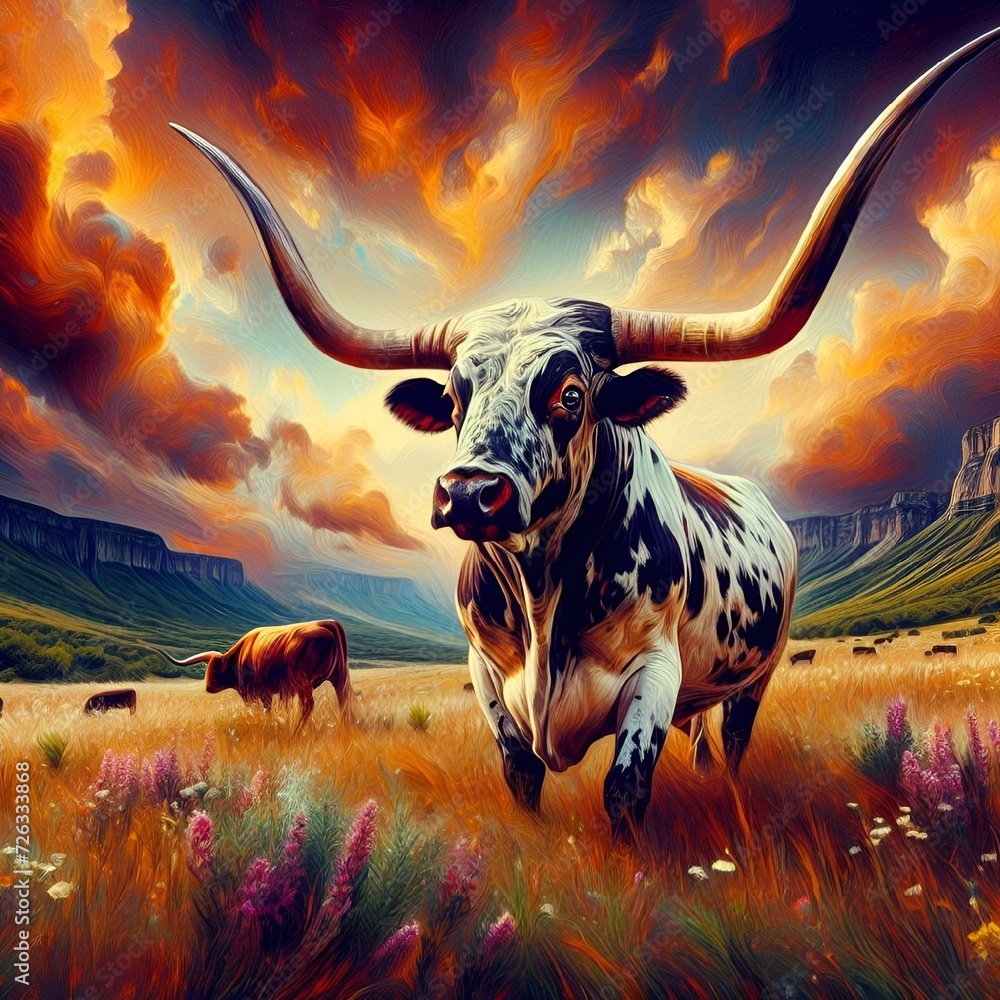 AI-generated illustration of Texas Longhorn cattle standing in a grassy ...