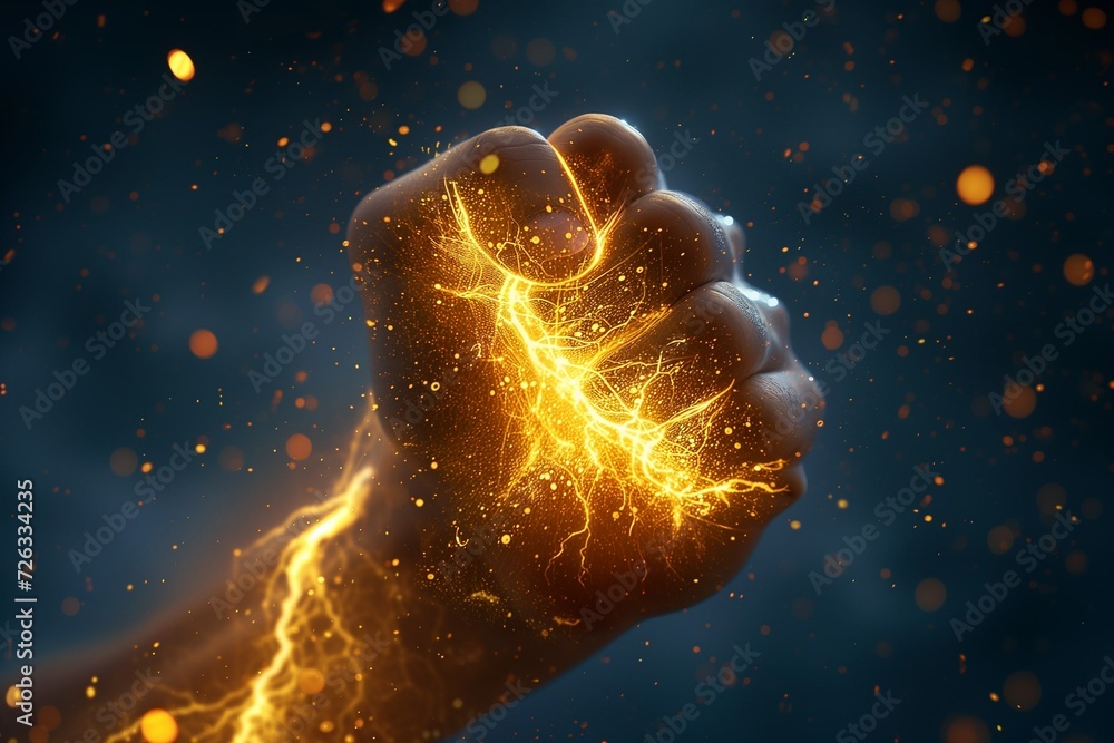 A clenched fist holding a golden discharge of energy, the concept of a ...